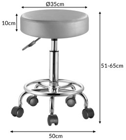 Taburetka na kolečkách, šedá koženka, otočná 360°, opěrka na nohy