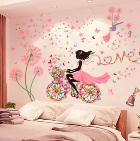 Samolepky na zeď - dívka na květinovém kole Varianta: dívka na kole + pampeliška