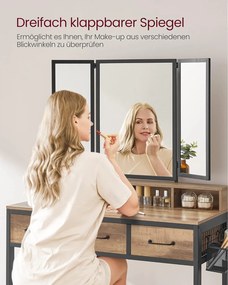 Toaletní stolek s polstrovanou židlí, toaletní stolek se zrcadlem, dub hnědý/černý