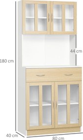 HOMCOM Vysoký kuchyňský bufetový skříň s vícerozměrným úložným prostorem, 4 skleněné dveře, bílé dřevo s posuvnou zásuvkou a širokou plochou v vzhled…