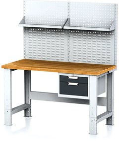 Alfa 3 Nastavitelný dílenský stůl MECHANIC I , závěsný box na nářadí, nástavba, police, 2 zásuvky, 1500x685x700-1055 mm, antracit