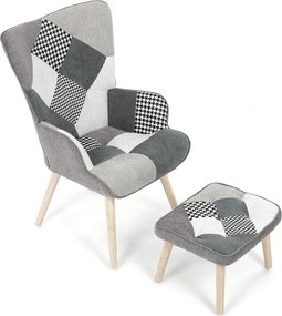 Relaxační křeslo ušák s podnožkou LYRO - šedá patchwork látka