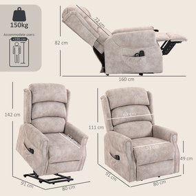 HOMCOM Elektrické křeslo s vybavením na vstávání s vibrační masáží a teplem, elektrické relaxační křeslo z sametu, 80x160x82 cm, béžová