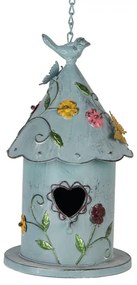 Modrá závěsná kovová dekorace ptačí budka s květy - 16*19*29 cm