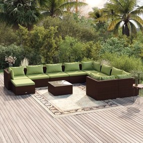 vidaXL 11dílná zahradní sedací souprava s poduškami polyratan [3102693] Barva: Hnědá a zelená