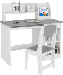 ZONEKIZ dětský psací stůl s ergonomickou židlí s vysouvací přihrádkou na klávesnici, nikami a otevřenými policemi, 90 x 45 x 90 cm šedý