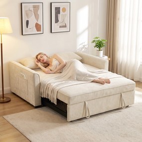 HOMCOM 2místná rozkládací pohovka 3-v-1, Clic-Clac Chenille pohovka 142 cm, nastavitelné opěradlo, 2 polštáře, béžová