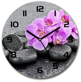 Wallmuralia Skleněné hodiny kulaté Orchidej a kamení fi 30 cm