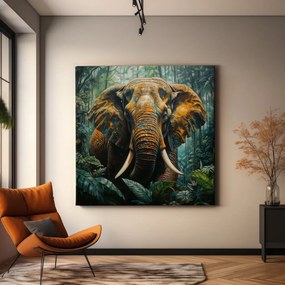 Obraz na plátně - Slon, Zlatý obr džungle, Makro portrét, Králové divočiny FeelHappy.cz Velikost obrazu: 100 x 100 cm