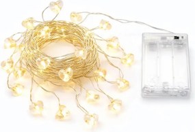 LED světýlka na baterie, srdíčka, 2,3 m, teple bílá, 20 diod, čirý kabel, IP20 interiér, 3 × AA