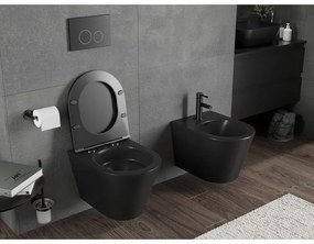 Mexen Rico, závěsná WC mísa 490x360x370 mm, Rimless Tornádo + WC sedátko z duroplastu, černá matná, 30721085T