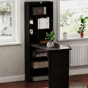 HOMCOM Skládací Počítačový Stůl, Stůl s Úložným Prostorem, Sklopný Nástěnný Stůl s Knihovnou, Pracoviště, Tabule a Nastavitelná Police, Hnědá