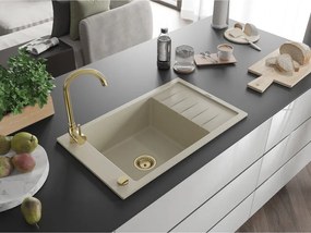 Mexen Elias, granitový dřez granitový 795x480x200 mm, 1-komorový, béžová se zlatým sifonem, 6511791005-69-G