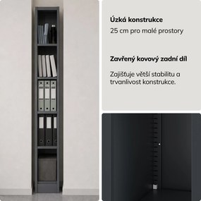 Úzký kovový archivační regál na dokumenty antracitový, 250x1850x400 mm: TIM