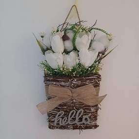 Jarní dekorace bílé květiny 23 × 40 cm, proutí a plast, IP44, venkovní
