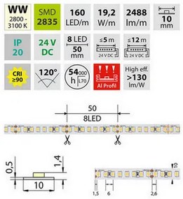 LED pásek McLED 24V teplá bílá CRI90 š=10mm IP20 19,2W/m 160LED/m SMD2835 ML-126.888.60.2