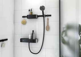 Hansgrohe WallStoris - Sada: ruční sprcha 105 3jet Activation EcoSmart, termostat, nástěnná tyč 70 cm a sada na odkládání, černá matná 24250670