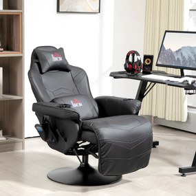 HOMCOM Herní židle s masáží, otočná o 360°, 6 masážních bodů, podnožka, odnímatelná opěrka hlavy, imitace kůže, 79.5 x 82.5 x 111.5cm, černá