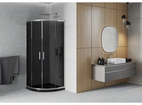 Mexen Rio, čtvrtkruhový sprchový kout s posuvnými dveřmi 90 x 90 cm, 5mm šedé sklo, chromový profil + černá sprchová vanička, 863-090-090-01-30-4170