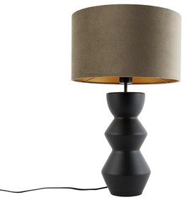 Designová stolní lampa s černým sametovým stínítkem taupe se zlatem 35 cm - Alisia