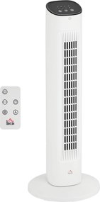 HOMCOM 50W věžový ventilátor s dálkovým ovládáním, tichý ventilátor s 3 rychlostmi, 15h časovačem, 85° oscillací, LED displejem, 30x30x78 cm, Bílá | A