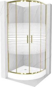 Mexen Rio, čtvrtkruhový sprchový kout 80(dveře)x80(dveře)x190 cm, 5mm čiré sklo s pásky, zlatý profil + bílá sprchová vanička RIO, 863-080-080-50-20-4710