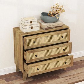 HOMCOM Úložný kabinet s 3 zásuvkami z ratanu 80 x 35 x 76 cm v jemném dřevěném vzhledu
