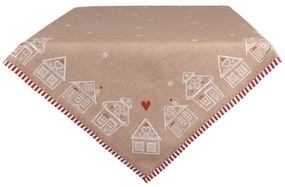 Hnědý bavlněný ubrus s motivem perníkových domečků Gingerbread Bliss – 100x100 cm