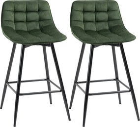 HOMCOM Sada 2 vysokých barových židlí v nordickém stylu s opěradlem a podnožkou, židle s efektem sametu a kovem, 45x47x84 cm, zelená | Aosom