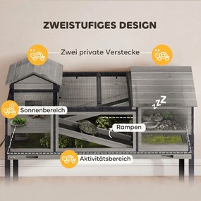 PawHut dvoupatrový dřevěný výběh pro želvy s akrylátovým oknem a výsuvnou vanou, šedý