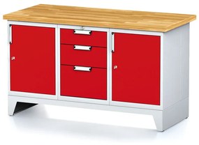 Dílenský stůl MECHANIC I, 2 skříňky a zásuvkový box na nářadí, 3 zásuvky, 1500x685x880 mm, červené dveře
