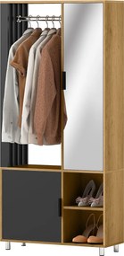 HOMCOM Moderní šatní skříň s zrcadlem, otevřené přihrádky, šatní tyč, 80 x 30 x 170 cm, Přirozené dřevo