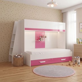 Patrová postel palanda PARTY | 230x135 cm | spaní 90x200 + 90x195 cm | UNI provedení | bílá/růžová lesk