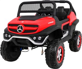 Ramiz Mercedes Benz Unimog elektrické autíčko pro děti červené + pohon 4x4 + dálkové ovládání + nosič zavazadel + pomalý start + MP3 + LED