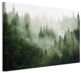 Obraz XXL Horský les - pohled na zelené jehličnaté stromy zahalené v mlze