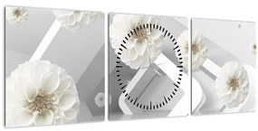 Abstraktní obraz s bělostnými květy (s hodinami) (90x30 cm)