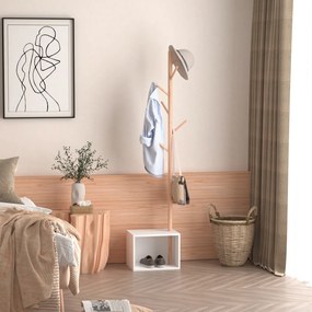 HOMCOM Stojan na kabáty se stromečkem na boty - Moderní 6 háčků na zavěšení oblečení a tašek, lavička se úložným prostorem do předsíně, bambus a MDF …