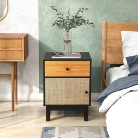 Costway Ratanový noční stolek se zásuvkou a skříňkou v boho stylu, černý