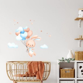 PIPPER. Textilní nálepka na zeď "Zajíček s balony - modrá"