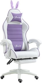 Vinsetto Herní židle ergonomická s podnožkou králičí uši 135° polohovací kancelářská židle nastavitelná výška bederní opěrka hlavy koženka fialová