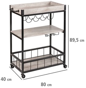 Kuchyňský vozík RUSTICO, třístupňový stojan na kolečkách s držáky na lahve a brýle - 80 x 89,5 x 40 cm