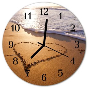 Skleněné hodiny kulaté Srdce na pláži