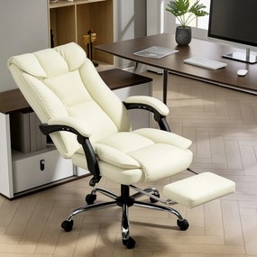 HOMCOM Ergonomická kancelářská židle s opěrkou nohou, potažená umělou kůží, na kolečkách, otočná, kov, béžová+černá