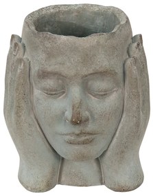 Šedý cementový květináč hlava ženy v dlaních - 18*17*21 cm