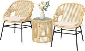 Outsunny 3dílný ratanový bistro set – 2 polstrovaná křesla a tvrzený skleněný stolek, béžová