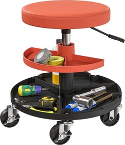 HOMCOM Pojezdný pracovní stolička, mechanická stolička s nastavitelnou výškou 40-51 cm, 2 odkládací plochy na nástroje, otáčecí sedadlo s max. zatíže…