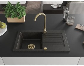 Mexen Pablo, granitový dřez 752x436x161 mm, 1-komorový, černá-zlatá metalíza se zlatým sifonem, 6510751010-75-G