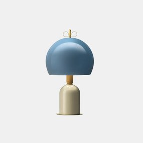 Il Fanale N4G3EO Bon Ton, stolní lampa z mosazi, dřeva, béžová základna, modré stínítko, 3x10W E14, výška 61,1cm