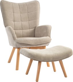 Křeslo HOMCOM s otomanem, vysoké křeslo s opěrkou, dřevěné nohy, lounge křeslo s prošívaným designem, vzhled sametu, pro obývací pokoj, světle hnědé |