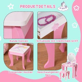 Dětský toaletní stolek s designem jednorožce HOMCOM - včetně stoličky - 49D x 34Š x 90V cm - zásuvka, zrcadlo - MDF - Růžová Bílá